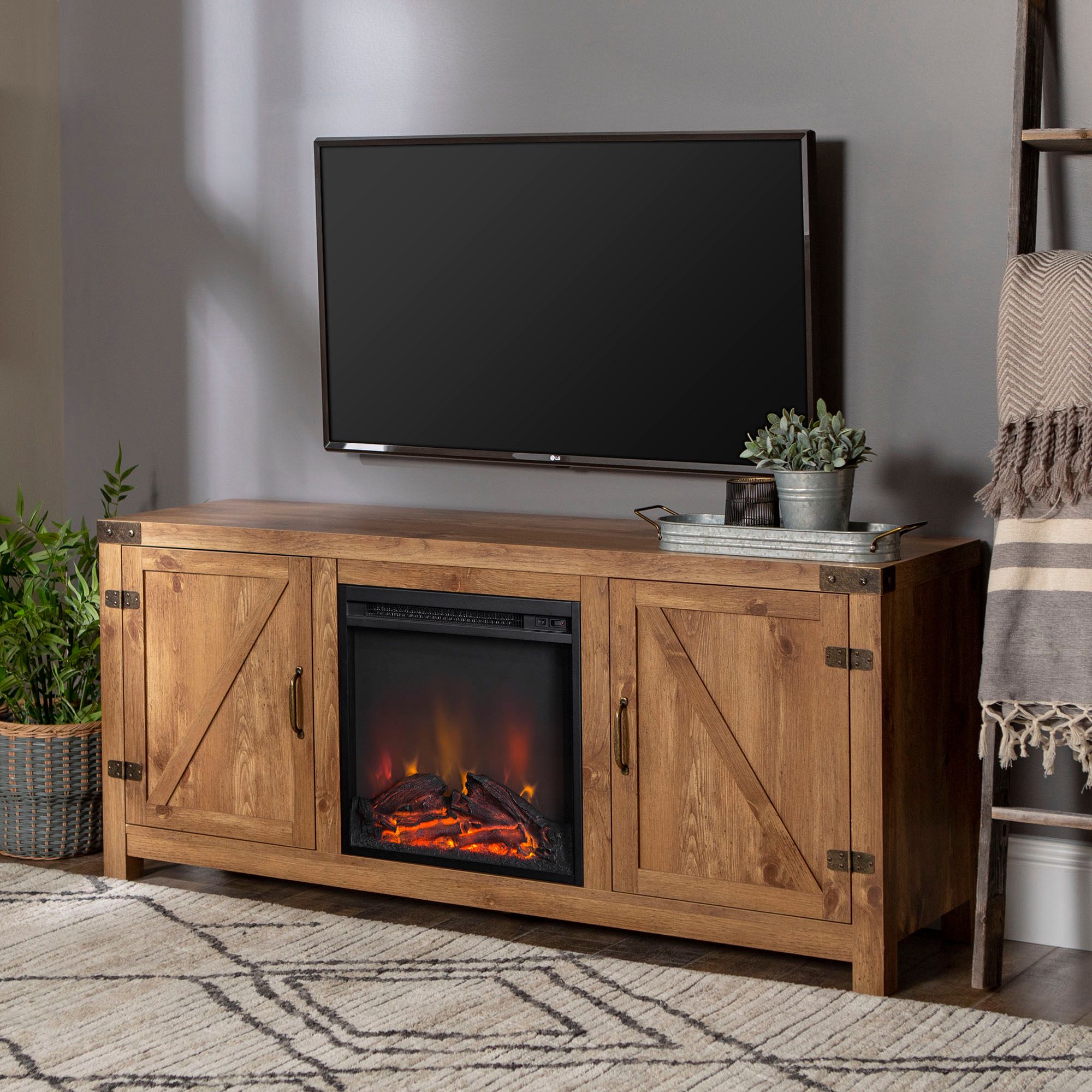 W. Trends 58 Farmhouse Barn Door Fireplace TV Stand for Most TV s up to 65 Barnwood