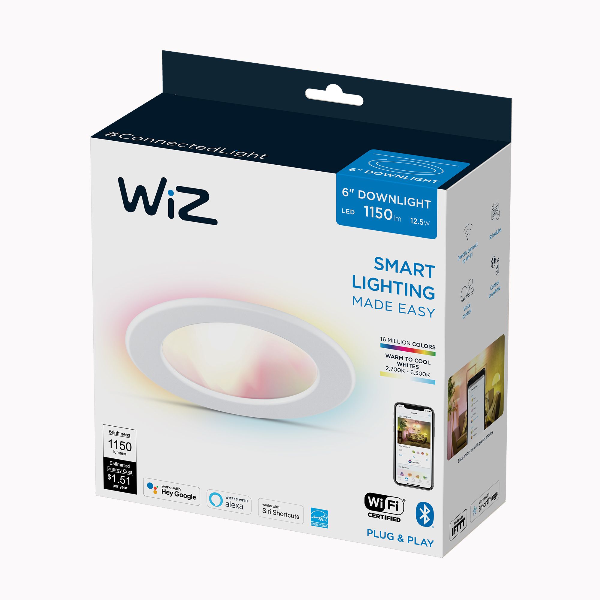 WiZ Full Color & Tunable 6" 85 Watt Equivalent Smart LED Downlight ...